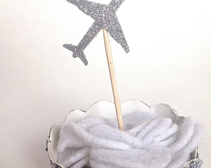 24 Silver Glitter Airplane Toppers Picks - Etsy