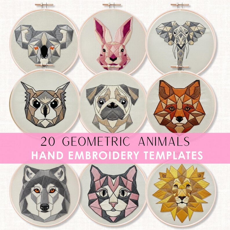 Set of Geometric Animal Hand Embroidery Template, DIY Stitch Pattern ...