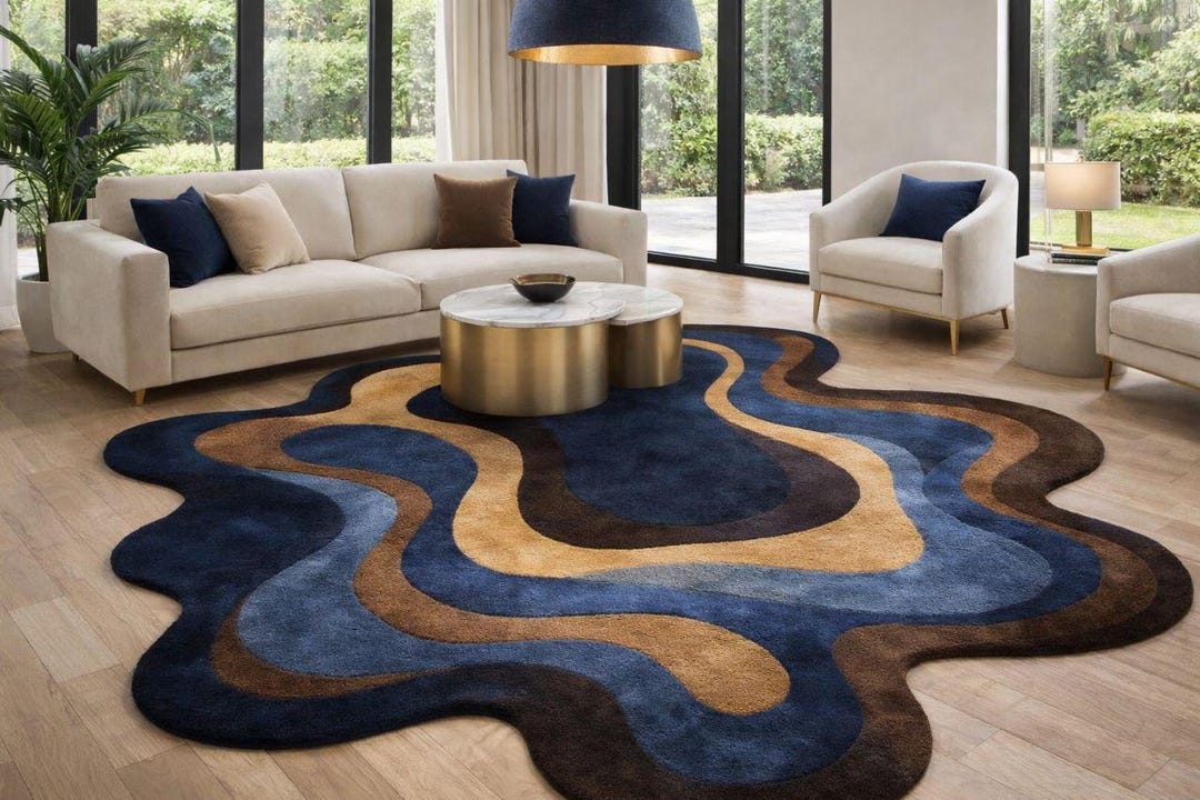 Handmade Wavy Tufted Area Rug, Aesthetic Blue & Gold Irregular Shape ...
