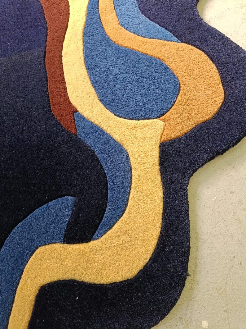 Handmade Wavy Tufted Area Rug, Aesthetic Blue & Gold Irregular Shape ...