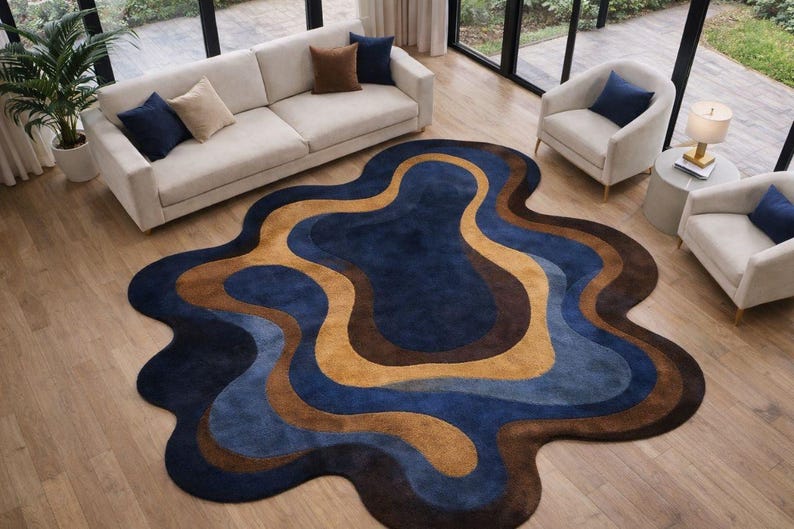 Handmade Wavy Tufted Area Rug, Aesthetic Blue & Gold Irregular Shape ...