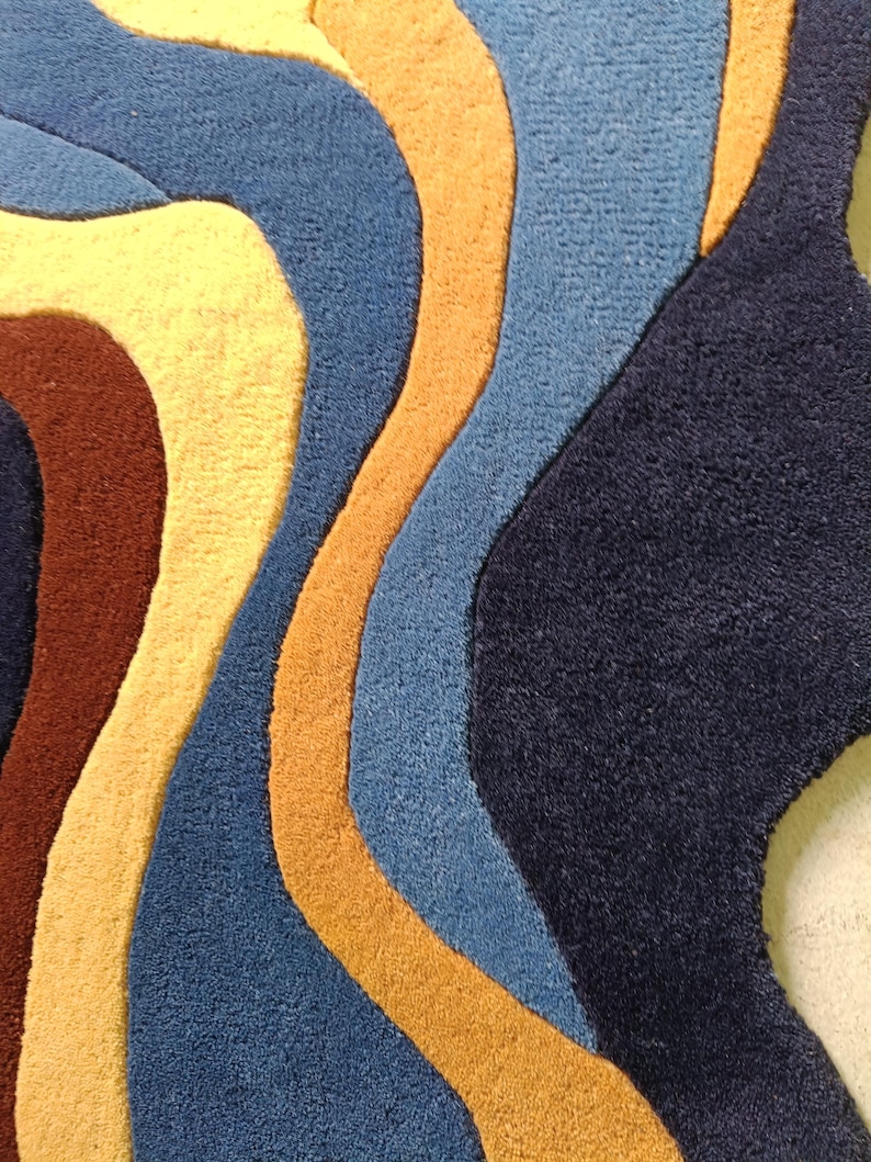 Handmade Wavy Tufted Area Rug, Aesthetic Blue & Gold Irregular Shape ...