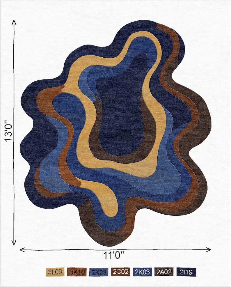 Handmade Wavy Tufted Area Rug, Aesthetic Blue & Gold Irregular Shape ...