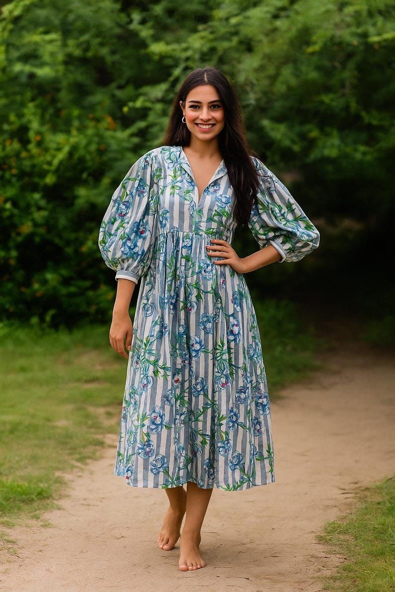 Indian Cotton Block Print Midi Dress, Floral Stripes - Etsy