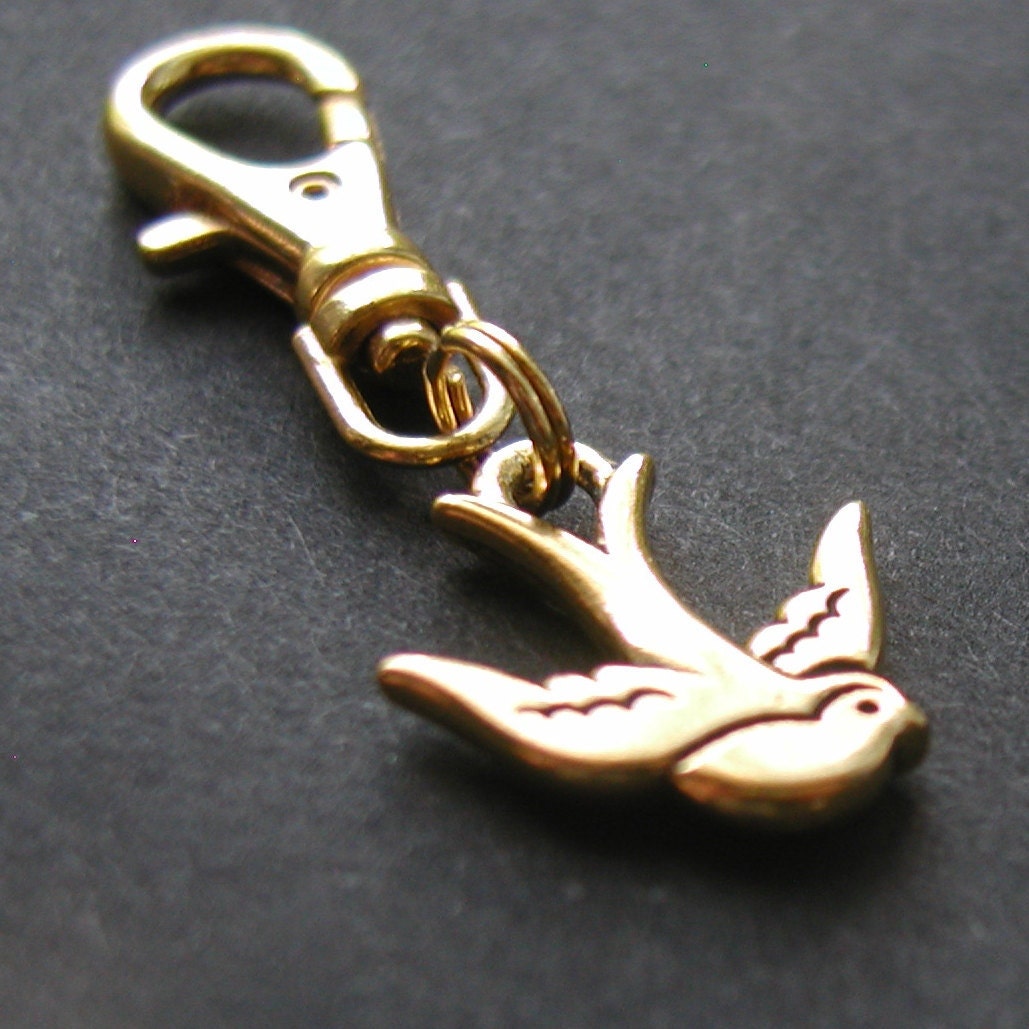 Swooping Swallow Bird Zipper Pull Backpack Fob Gold Purse Clip on Charm ...