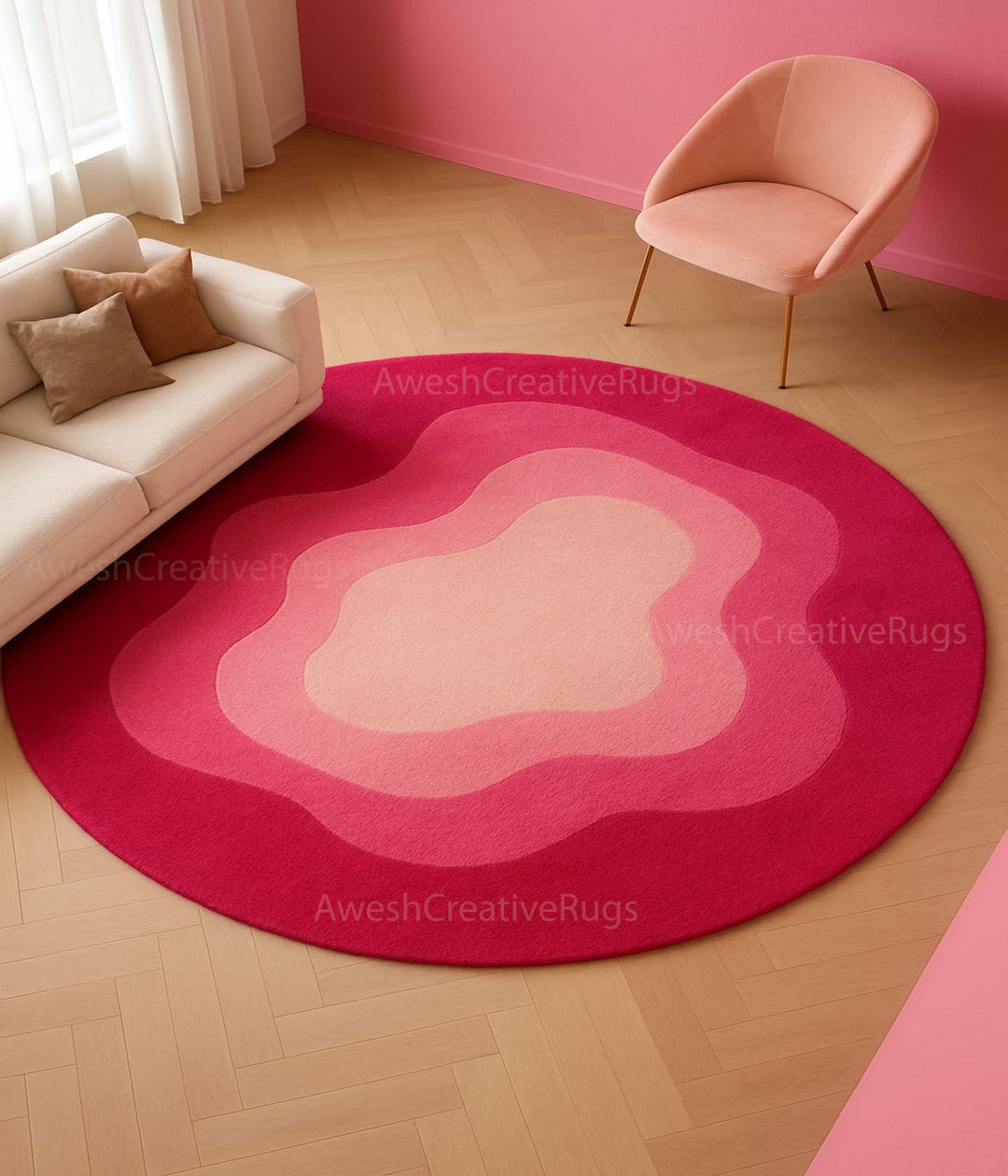 Pink Gradient Round Rug | Modern Abstract Layered Carpet - Etsy