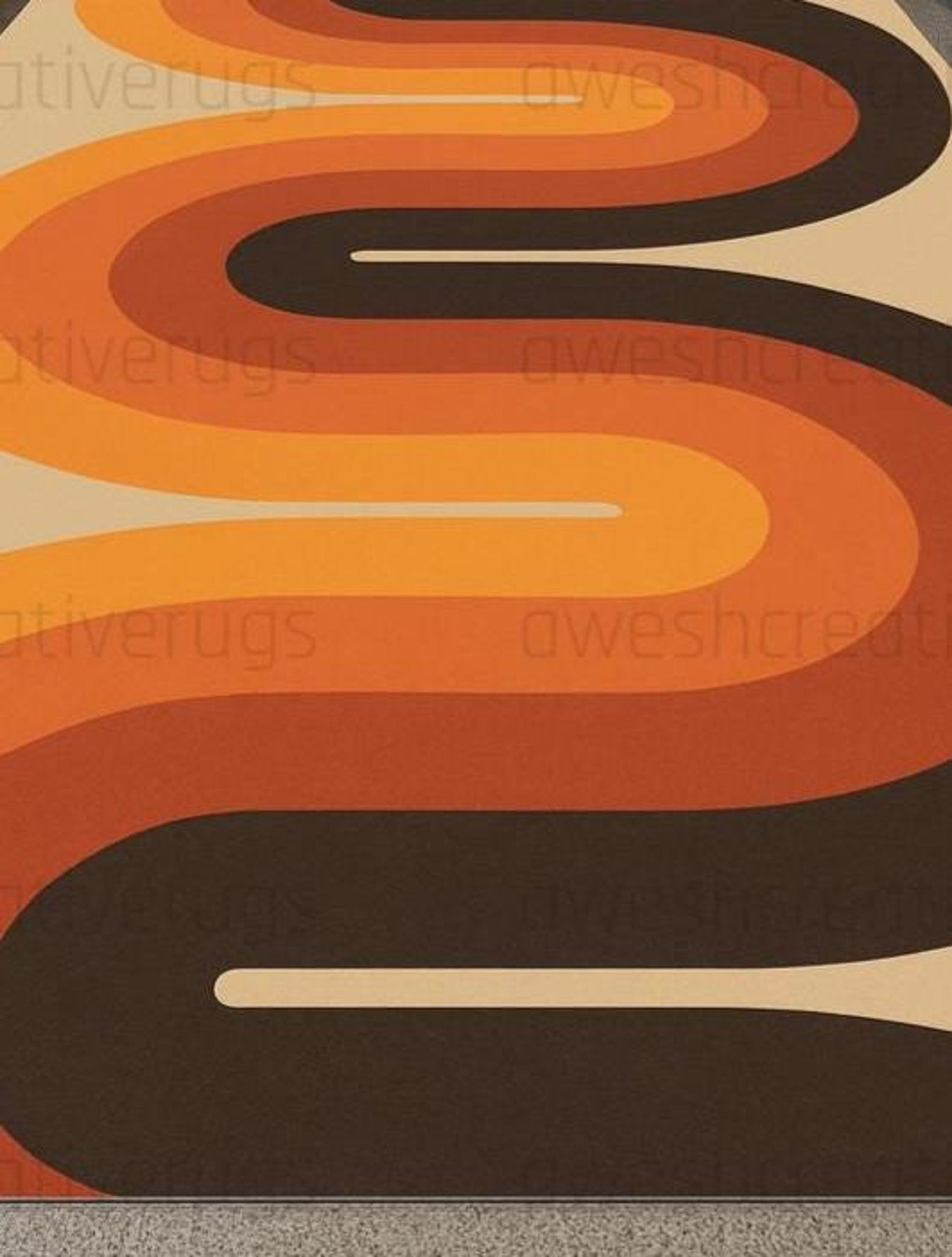 Retro 70s Wavy Area Rug: Mid Century Modern Orange Brown Carpet (5x8 ...