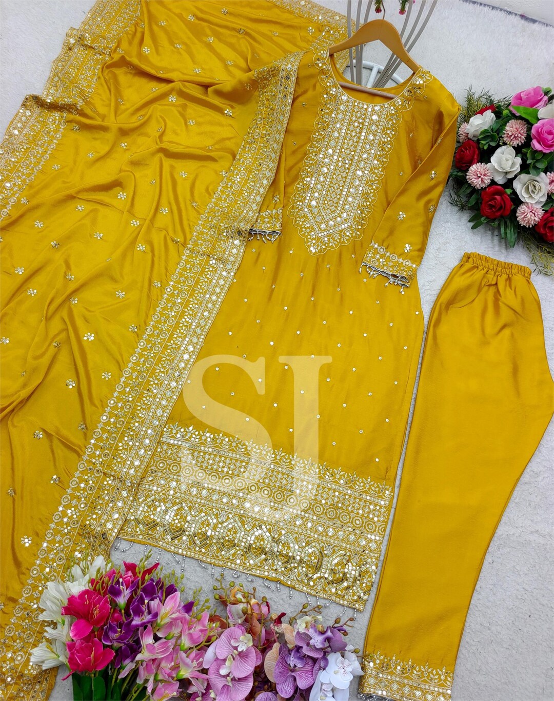 Yellow Salwar Kameez Readymade Suit, Women Wear Red Kurta Palazzo ...