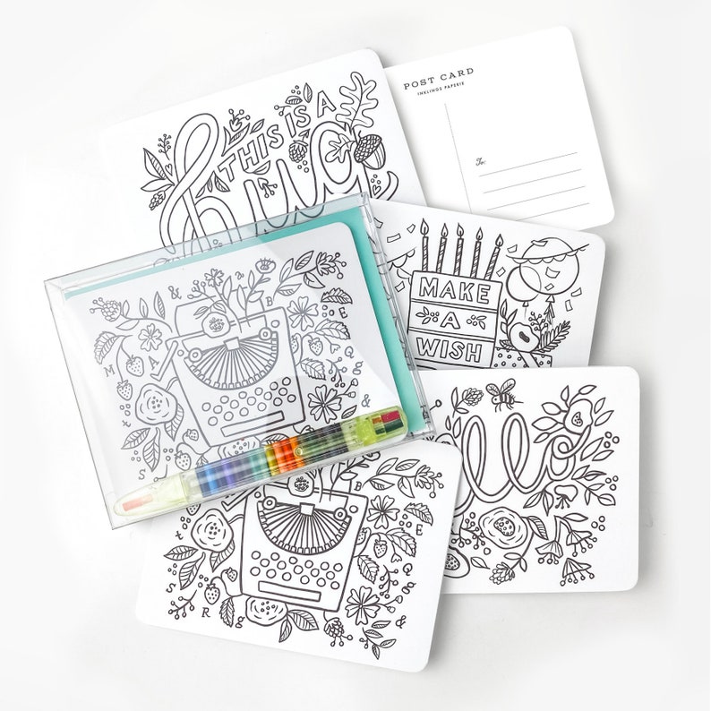 Color-in Postcards Kit With Crayon // Postcard Kit Coloring - Etsy