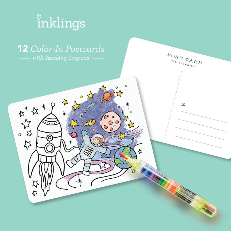 Color-in Postcards Kit With Crayon // Kids DIY Adventure Postcard Kit ...