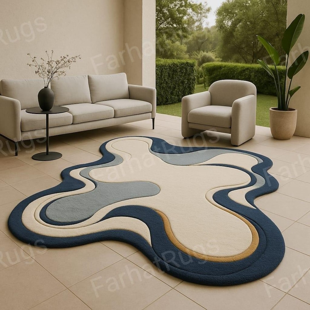 Modern Abstract Round Rug – 6x6 Designer Wool Carpet, Contemporary Wavy ...
