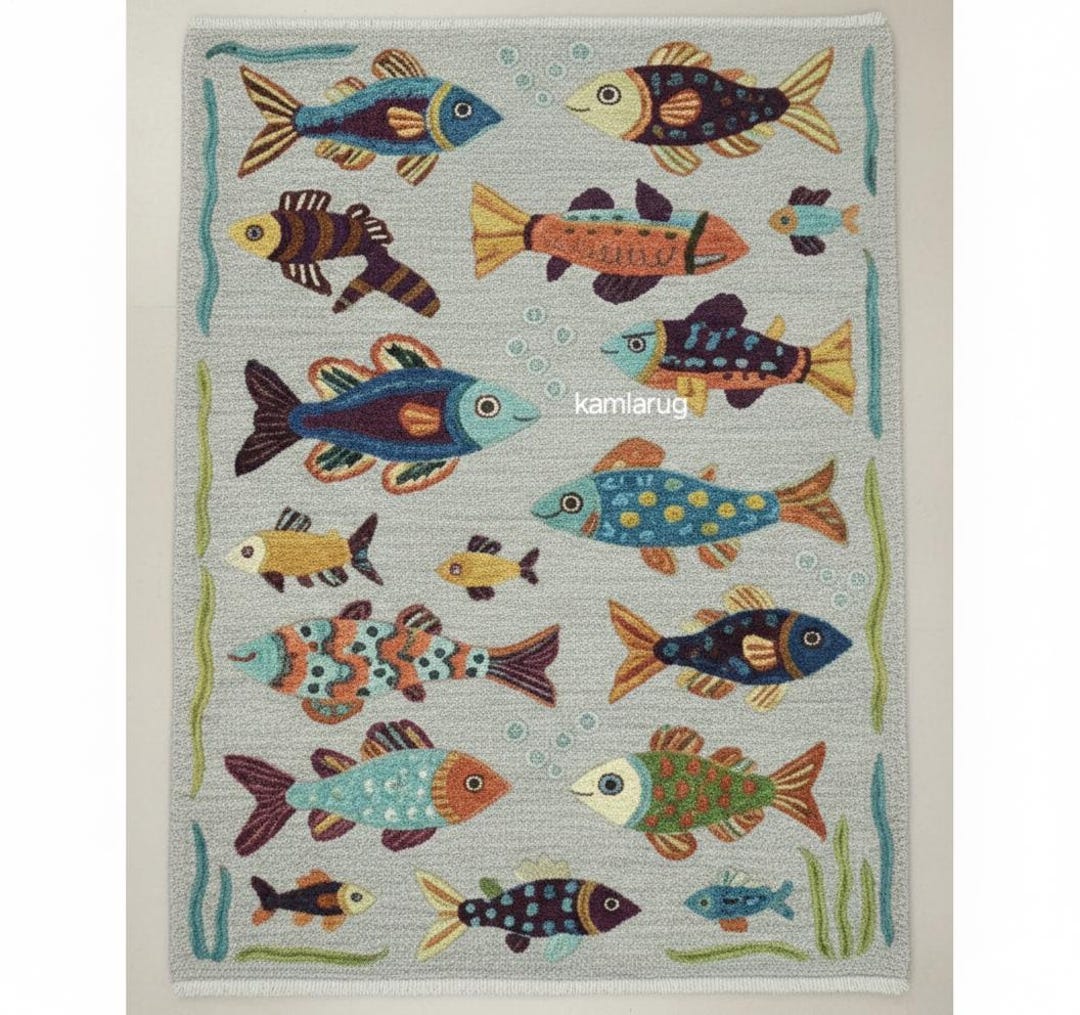 Hand-knotted Wool Fish Rug, Coastal Nursery Decor, Ocean Theme Carpet ...