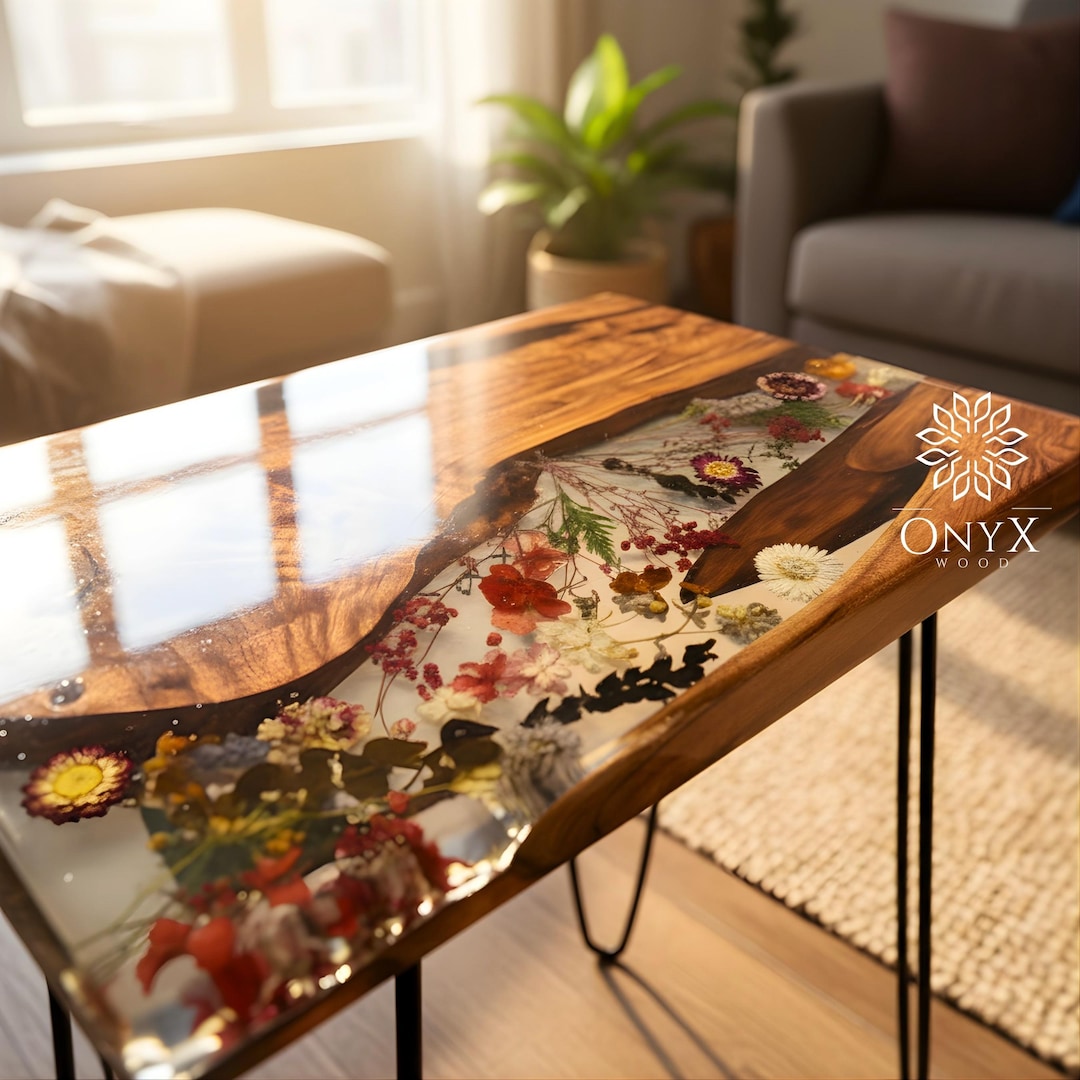 Handcrafted Wooden River Table With Dried Flowers | Epoxy Resin Decor ...
