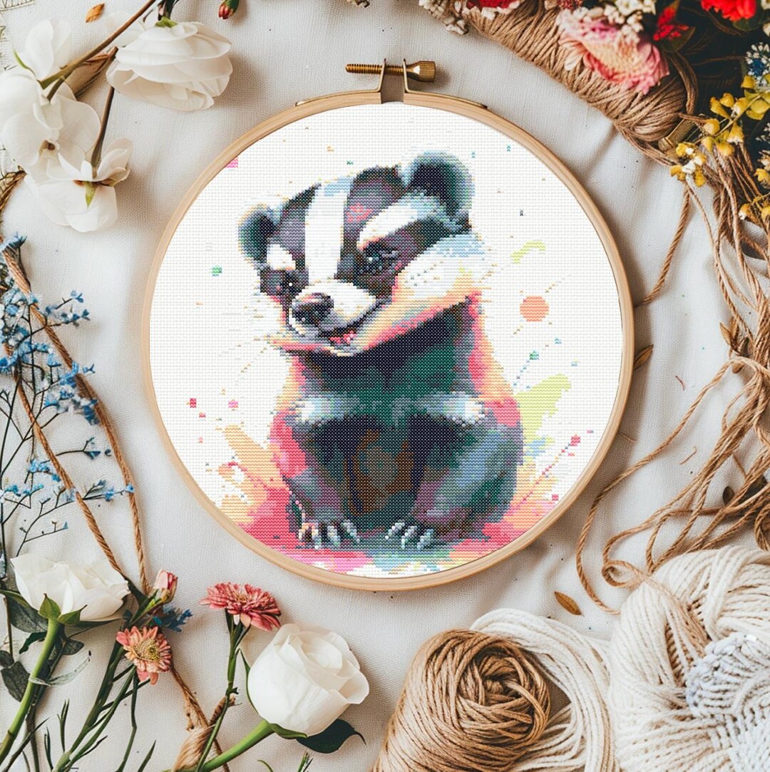 Watercolor Badger Cross Stitch Pattern | Colourful Animal Embroidery ...