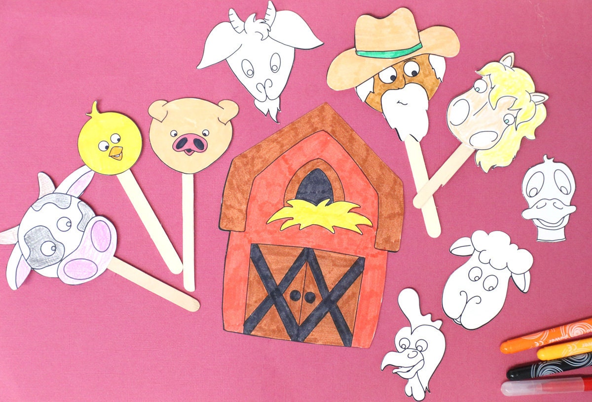 Farm Animal Stick Puppets | Coloring Pages and Preschool Craft | Old ...