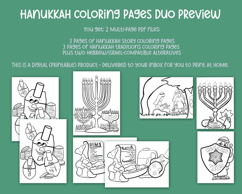 Chanukah Coloring Pages Duo | Hanukkah Traditions AND Story Coloring ...