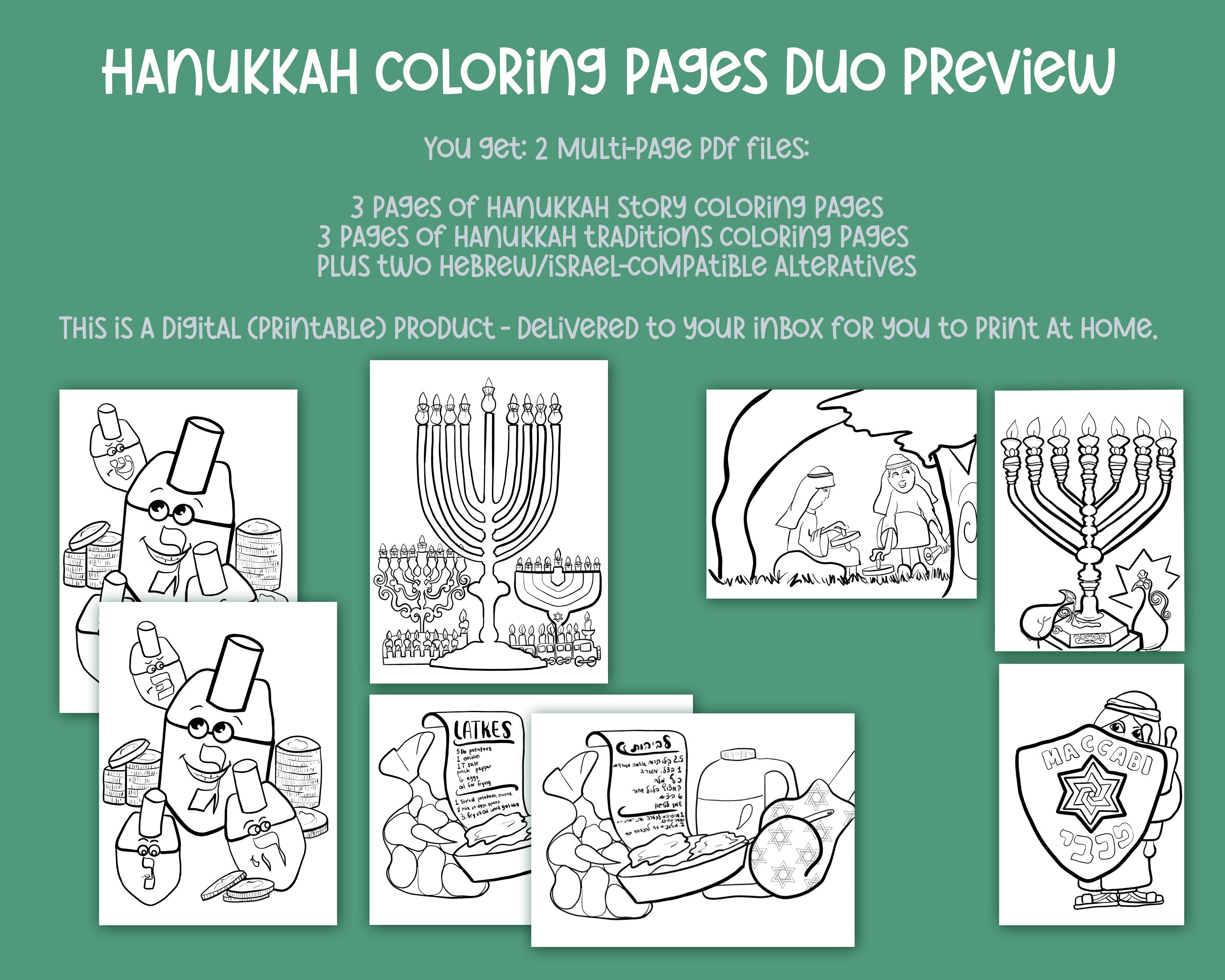 Chanukah Coloring Pages Duo | Hanukkah Traditions AND Story Coloring ...