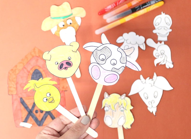 Farm Animal Stick Puppets | Coloring Pages and Preschool Craft | Old ...