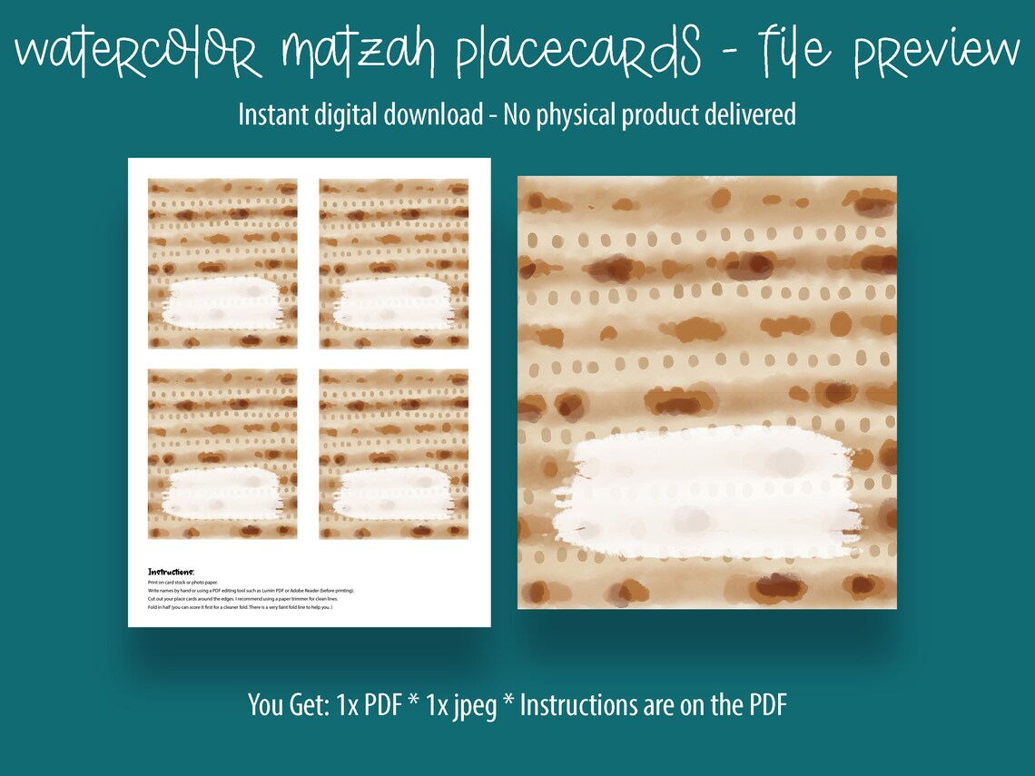 Printable Passover Name Cards Watercolor Matzah Print Table Decor ...