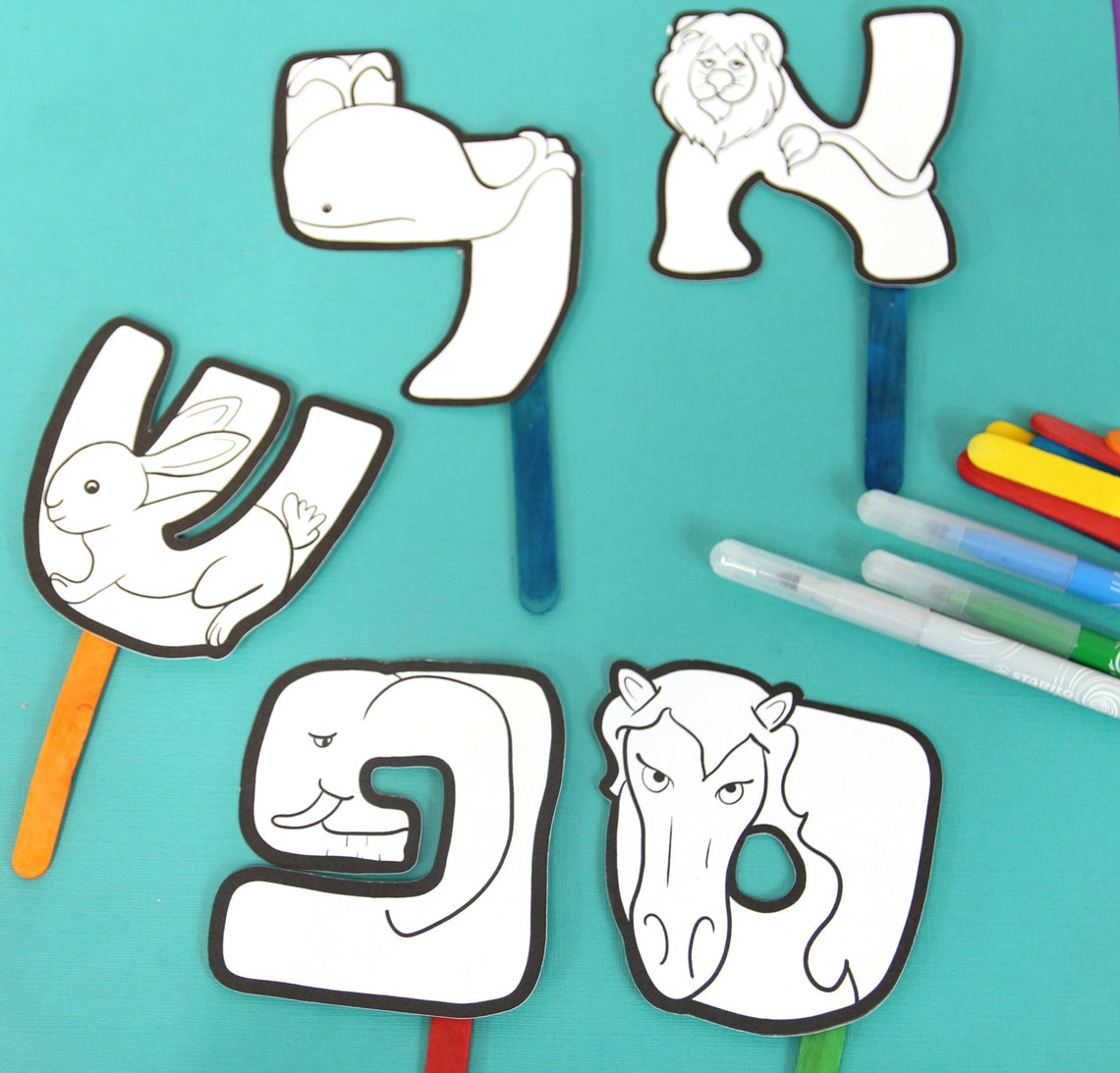 Color-in Aleph Bet Animals Puppets - Hebrew Alphabet Craft and Coloring ...