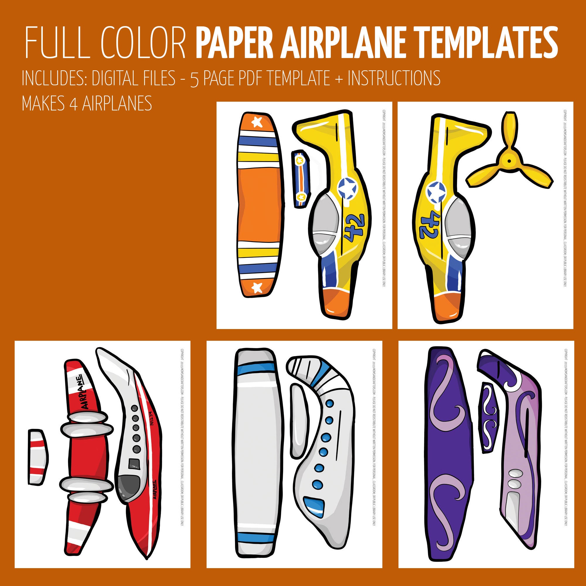 4 Styles Paper Airplanes Full Color Paper Craft Template Paper Toy ...