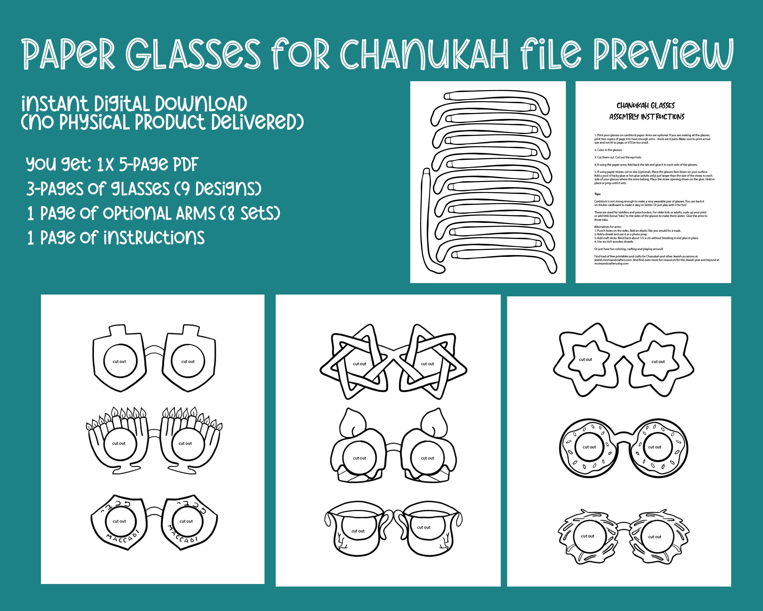 Paper Glasses Hanukkah Coloring Pages and Crafts for Kids | Printable ...