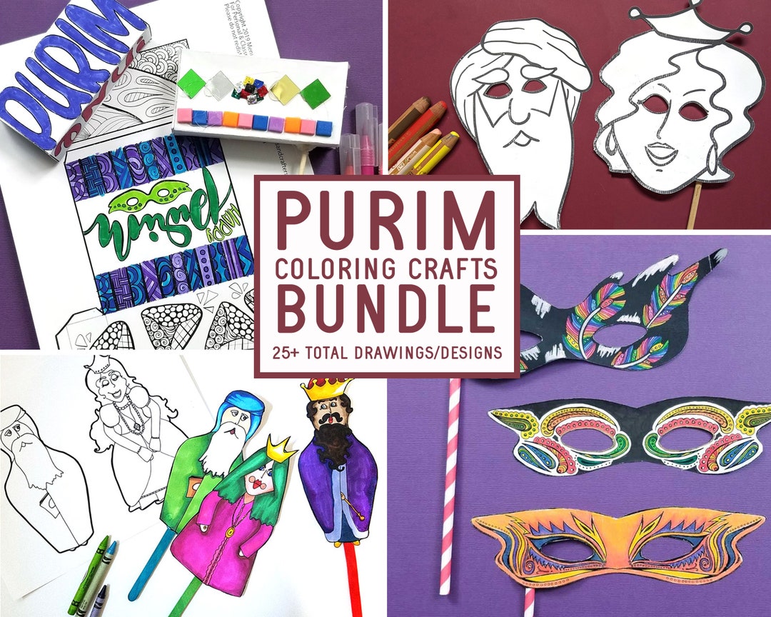 Purim Coloring Crafts Bundle | Purim Masks Graggers and Puppets Paper ...