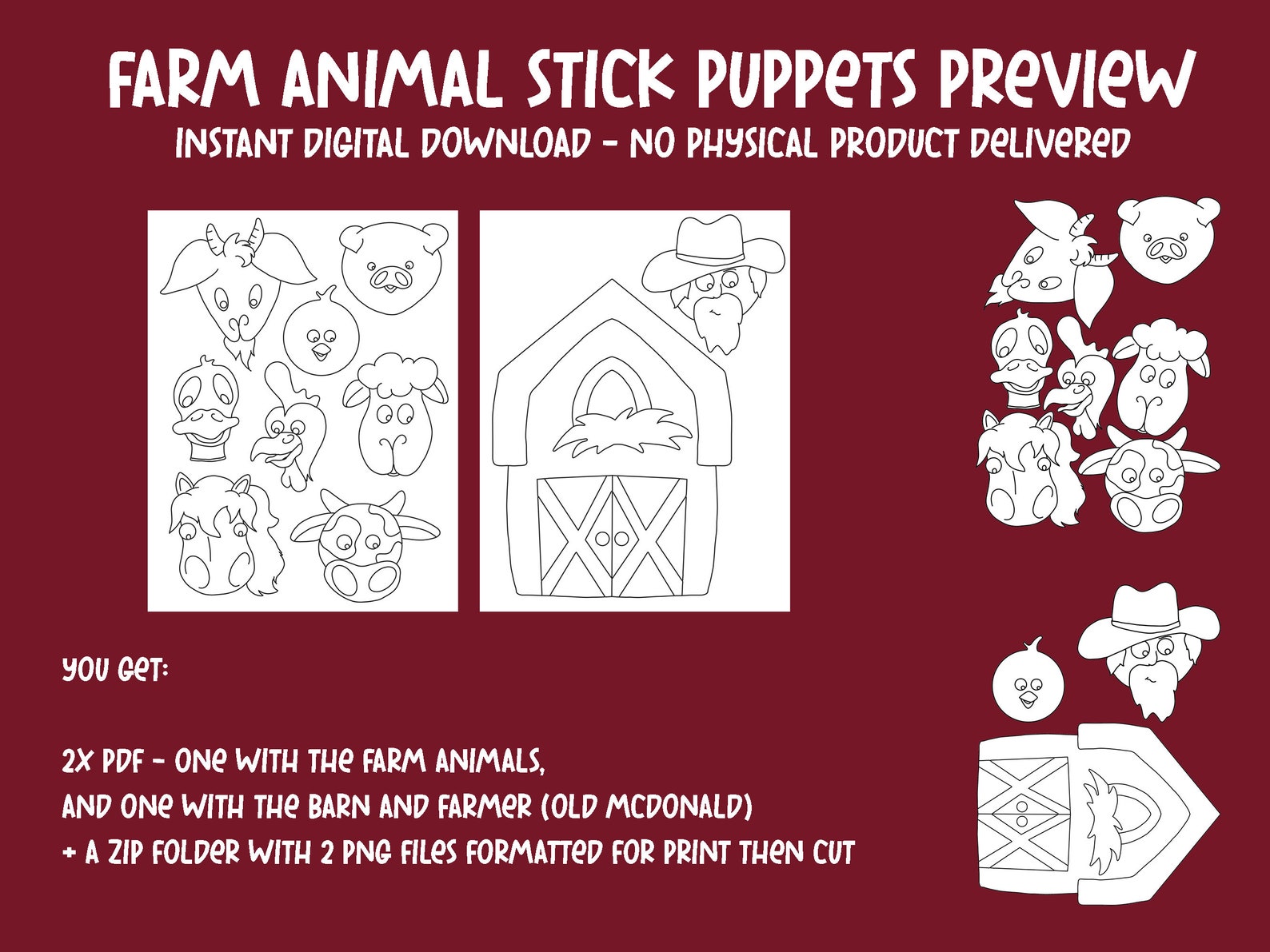 Farm Animal Stick Puppets | Coloring Pages and Preschool Craft | Old ...