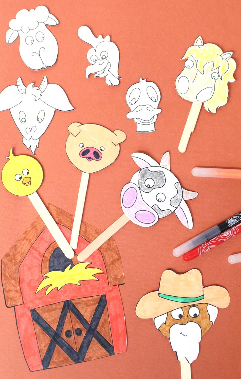 Farm Animal Stick Puppets | Coloring Pages and Preschool Craft | Old ...