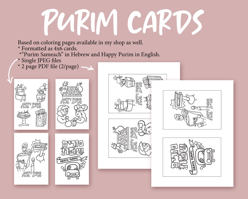 Purim Cards Coloring Pages 4 Printable 4x6 Illustrated Color-in Cards ...