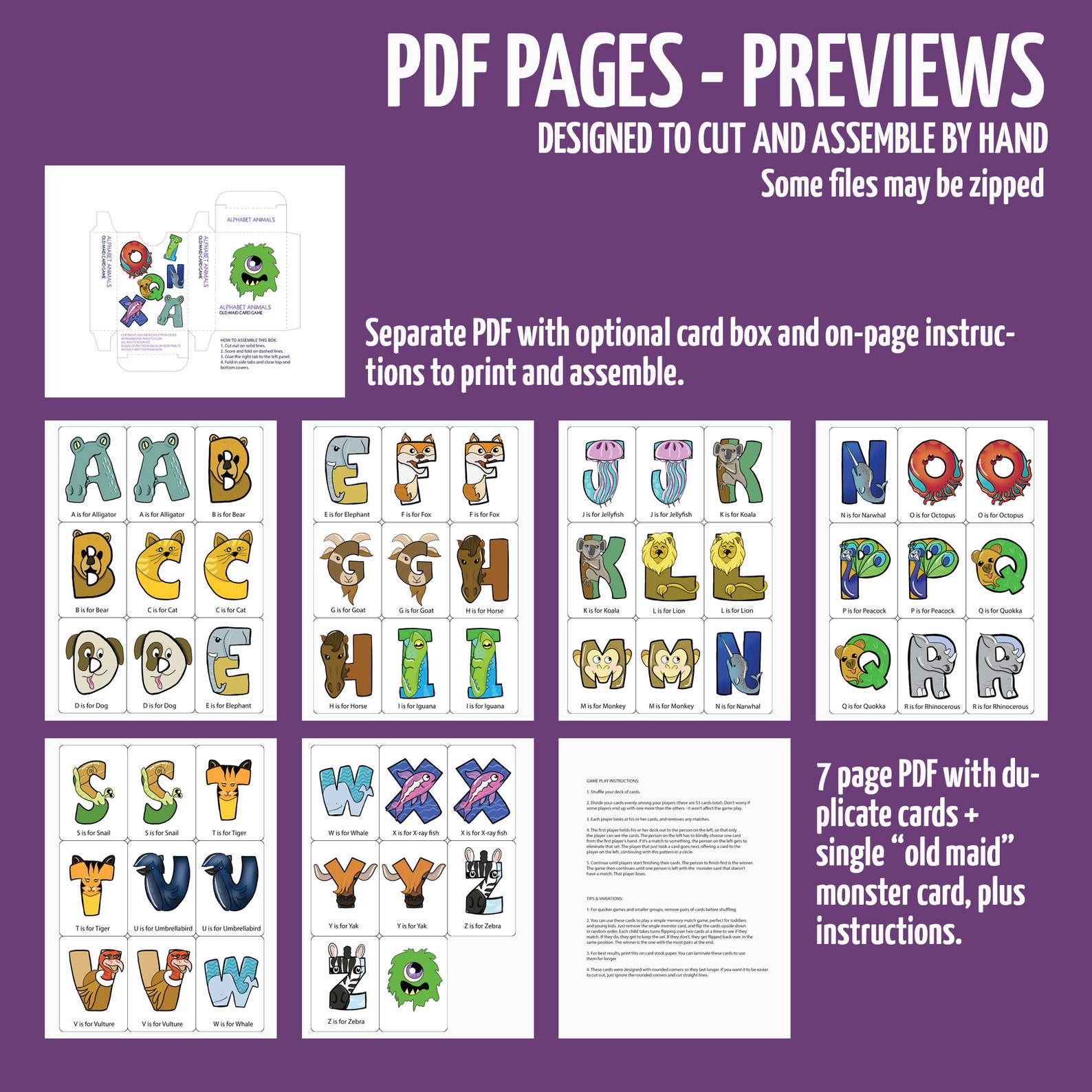 Alphabet Cards Game Printable ABC Animals Old Maid Memory Matching and ...