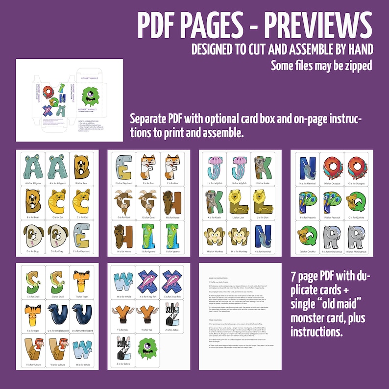 Alphabet Cards Game Printable ABC Animals Old Maid Memory Matching and ...