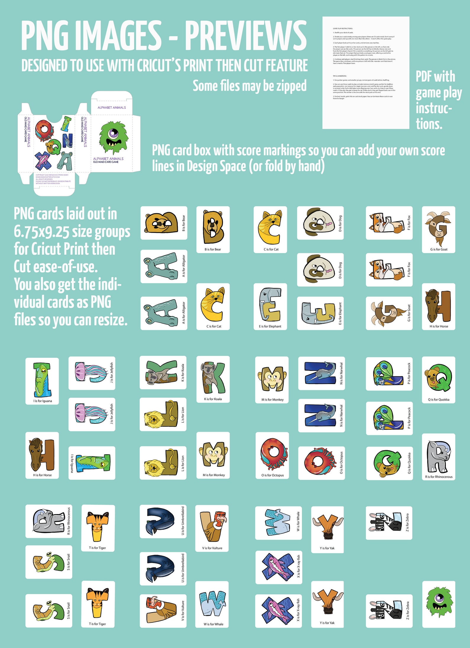 Alphabet Cards Game Printable ABC Animals Old Maid Memory Matching and ...