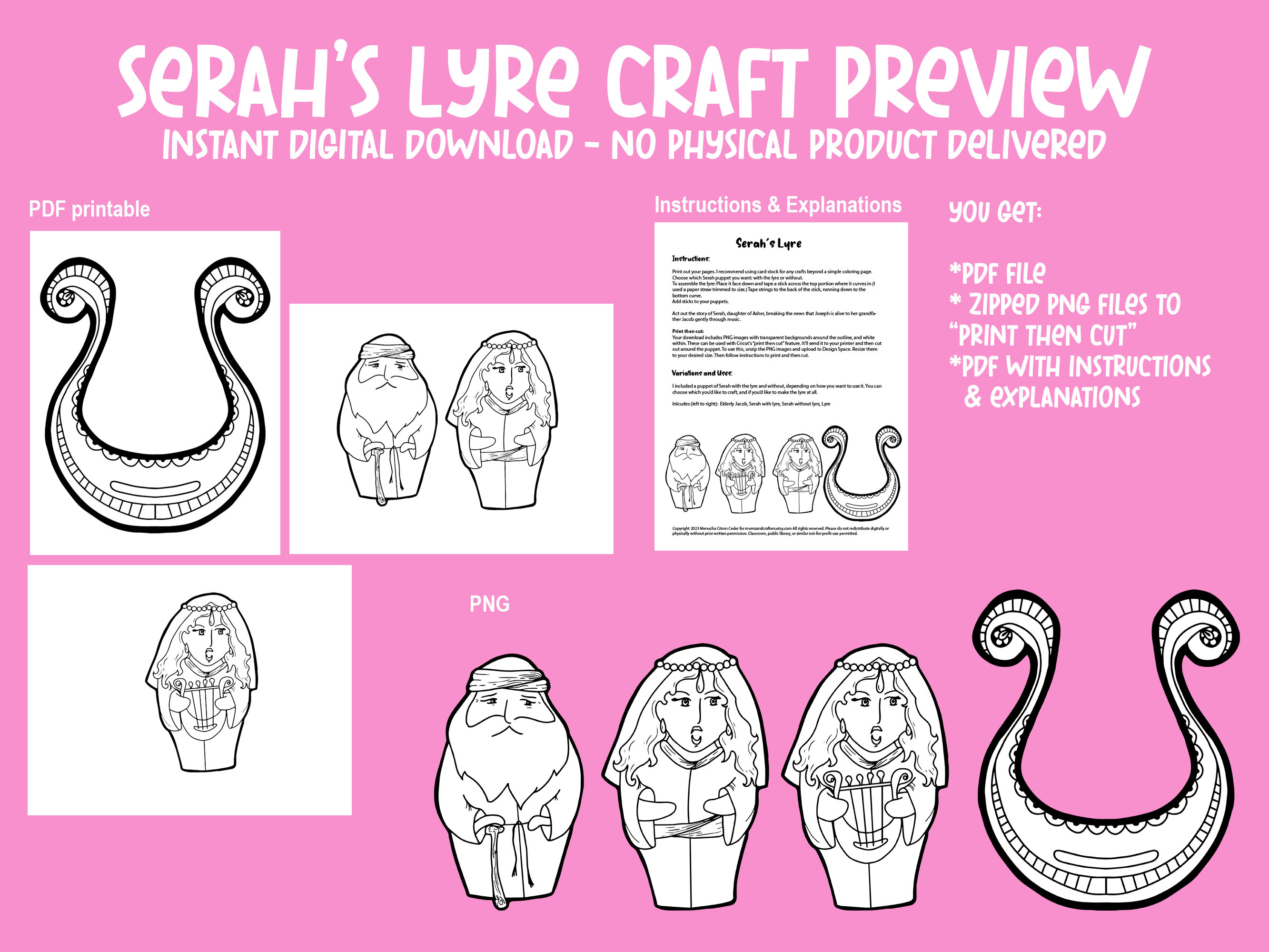 Serah's Lyre Craft | Printable Serach Bat Asher Puppets Coloring Pages ...