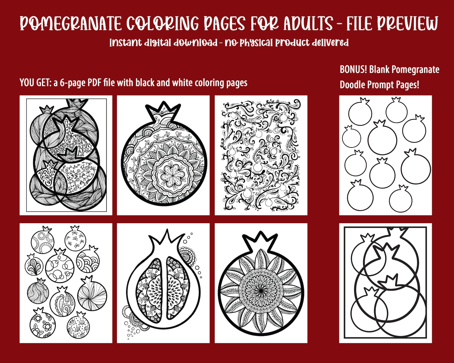 6 Pomegranate Coloring Pages for Adults | Printable Rosh Hashanah and ...
