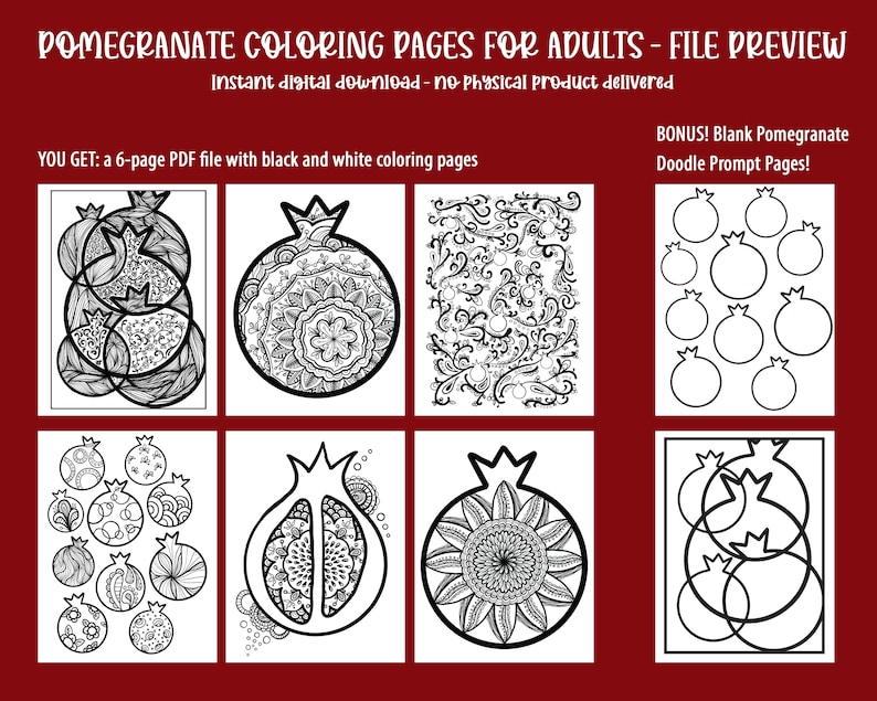 6 Pomegranate Coloring Pages for Adults | Printable Rosh Hashanah and ...