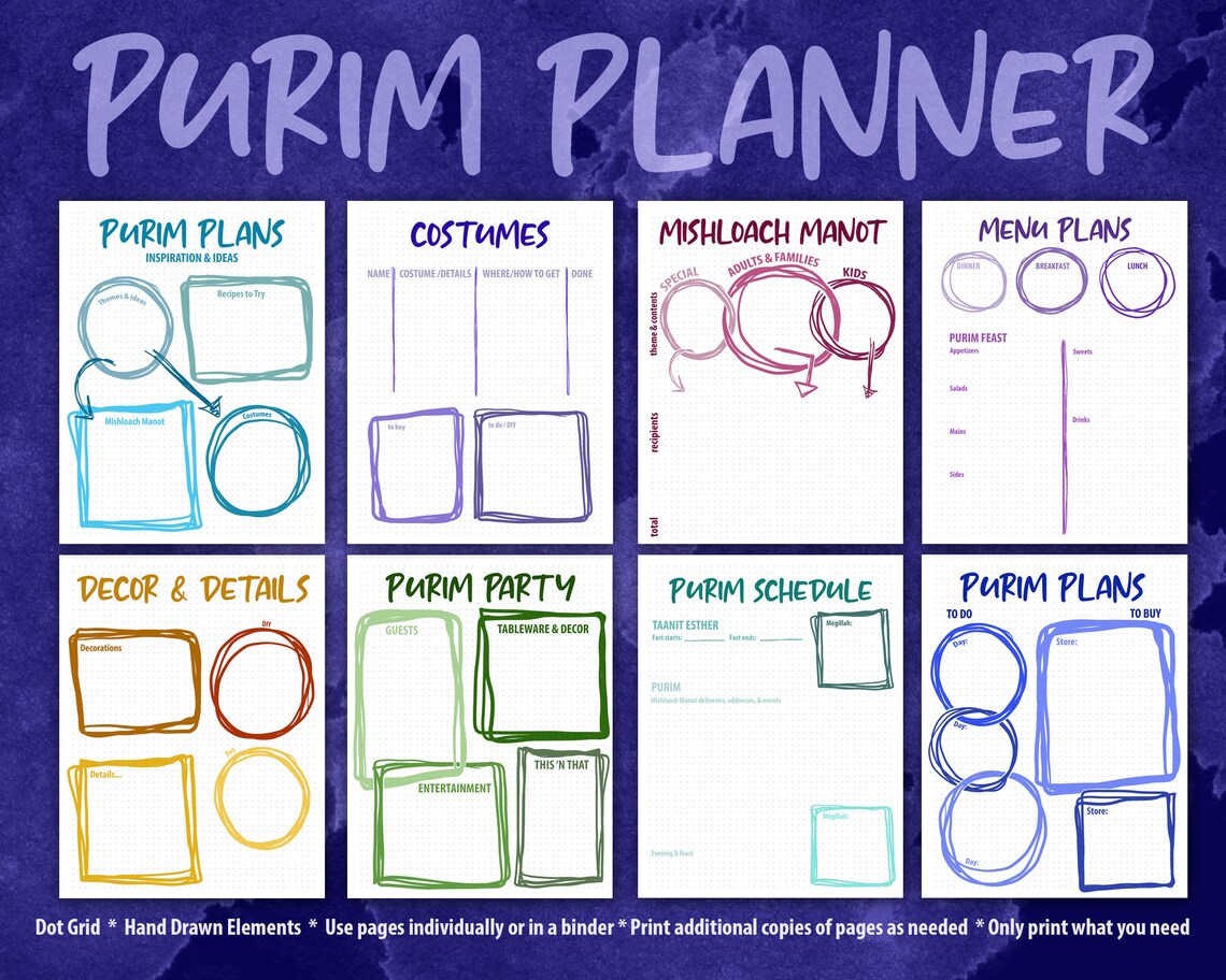 Purim Planner Printable Jewish Holiday Planner Inserts Dot Grid Purim ...