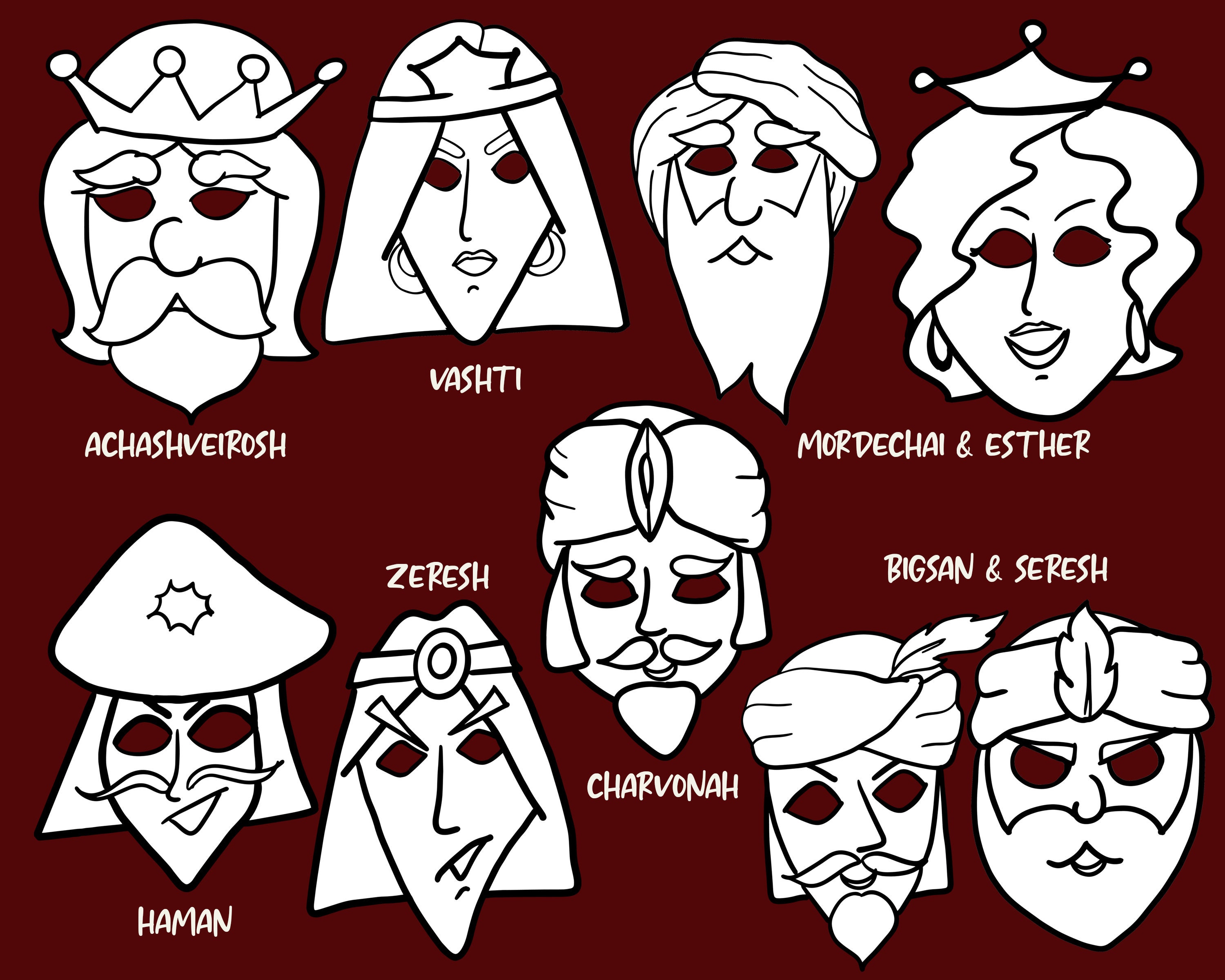 9 PURIM Mask Templates and Coloring Pages - Purim Story Characters ...