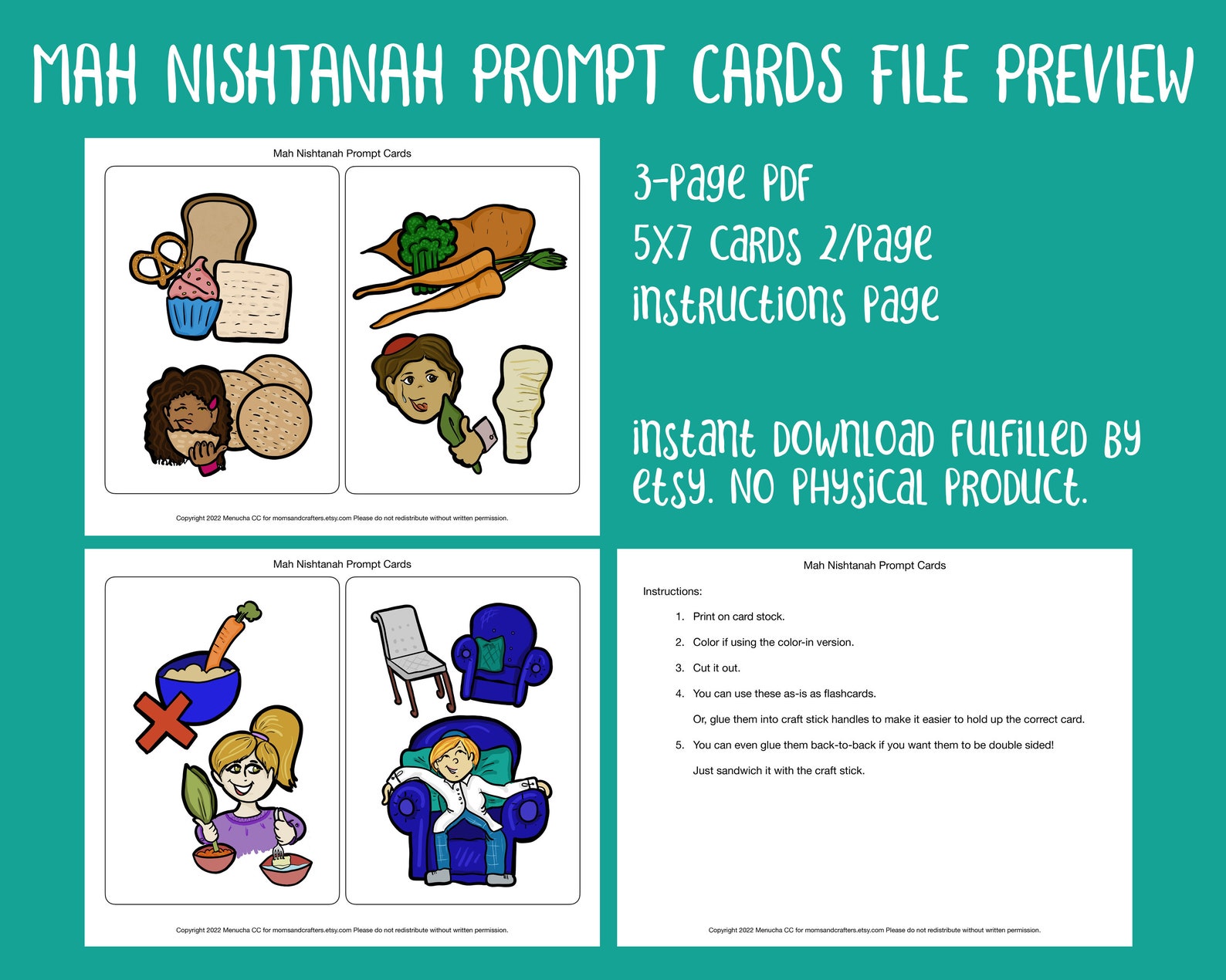 Four Questions of Passover FULL COLOR Prompt Cards Pesach Printable for ...