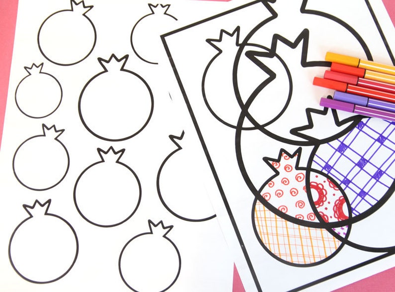6 Pomegranate Coloring Pages for Adults | Printable Rosh Hashanah and ...