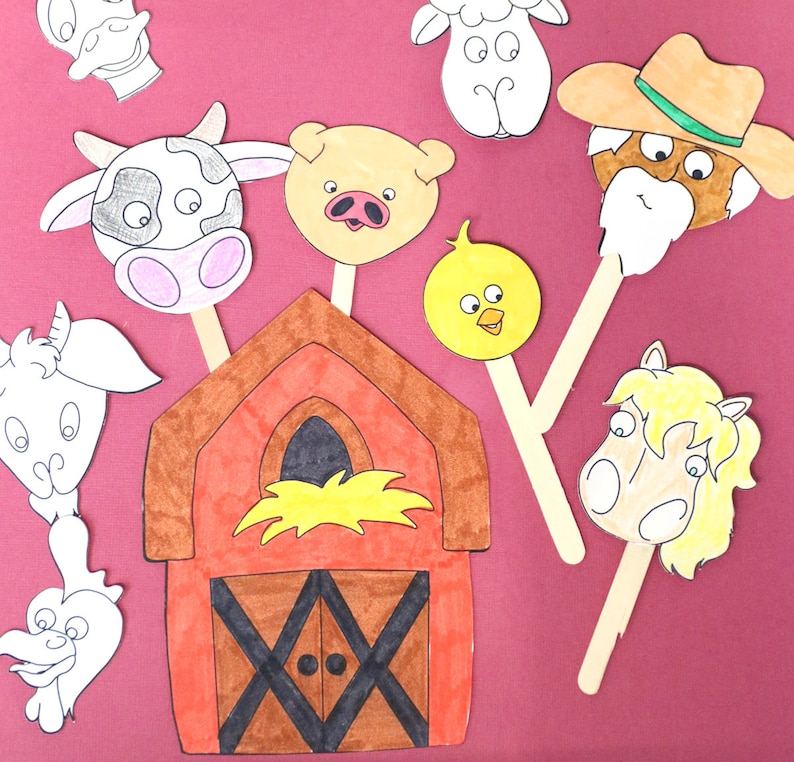 Farm Animal Stick Puppets | Coloring Pages and Preschool Craft | Old ...