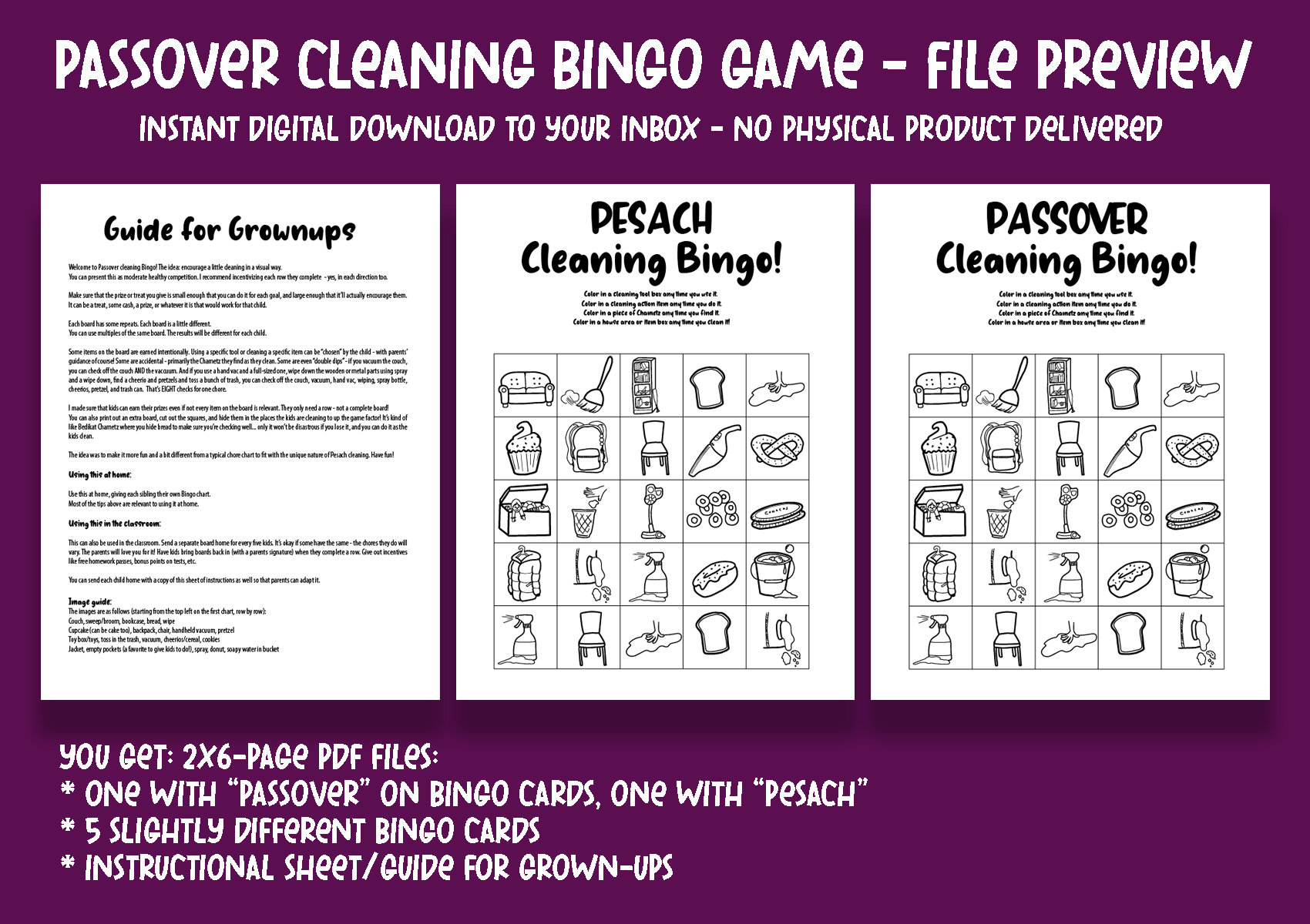 Passover Cleaning Bingo Game for Kids Visual Pesach Cleaning Aid and ...