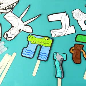 Color-in Aleph Bet Animals Puppets - Hebrew Alphabet Craft and Coloring ...