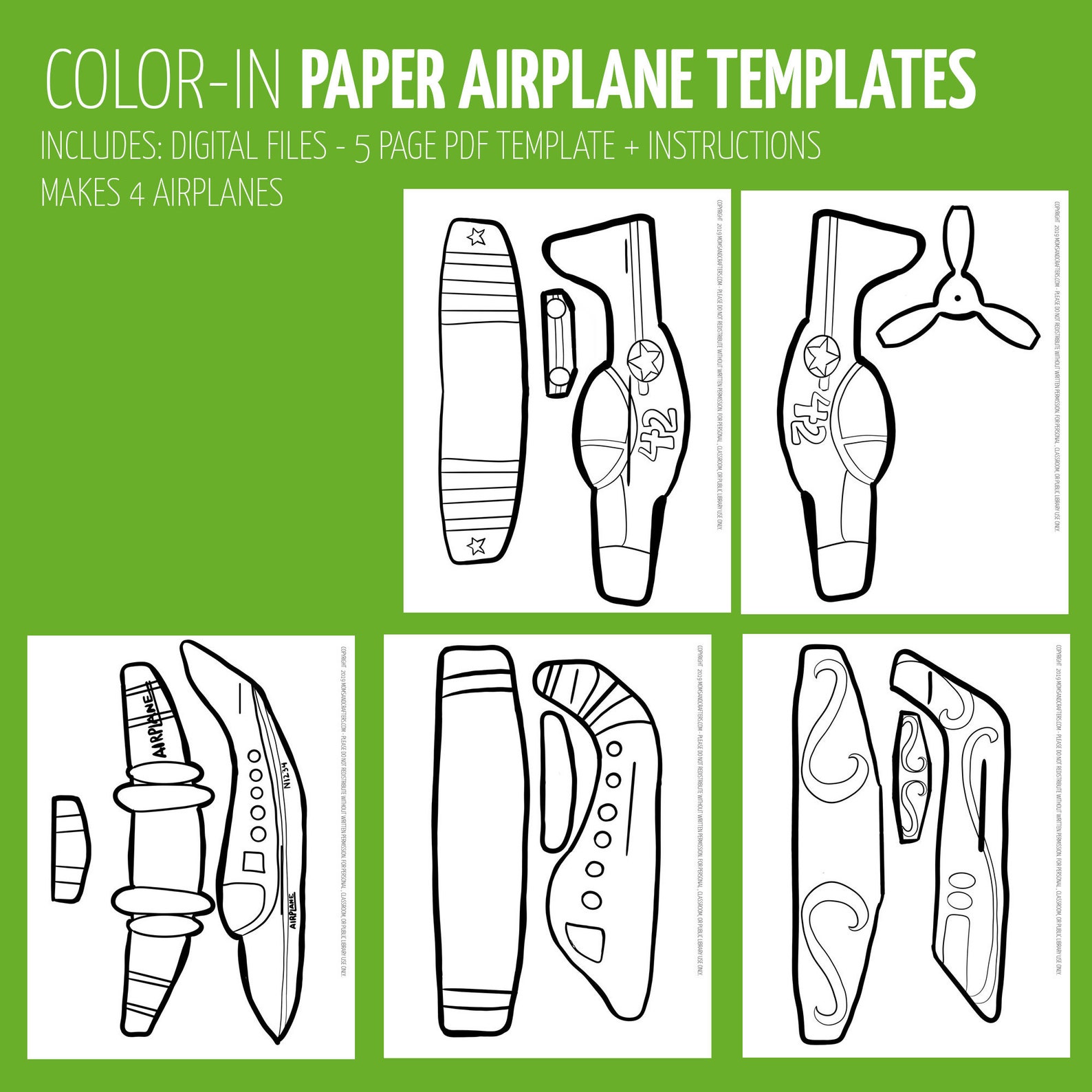 4 Styles Paper Airplanes - Coloring Pages Color-in Paper Craft Template ...
