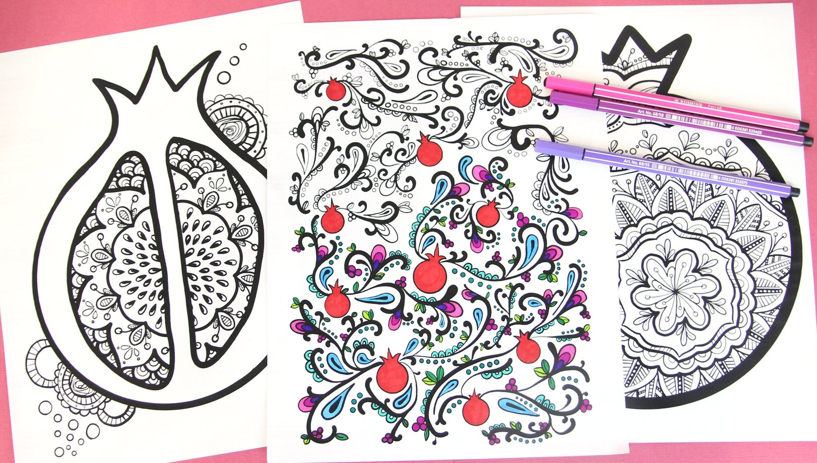 6 Pomegranate Coloring Pages for Adults | Printable Rosh Hashanah and ...