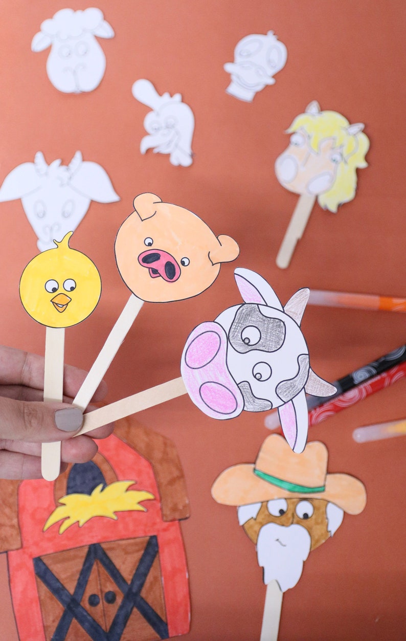 Farm Animal Stick Puppets | Coloring Pages and Preschool Craft | Old ...