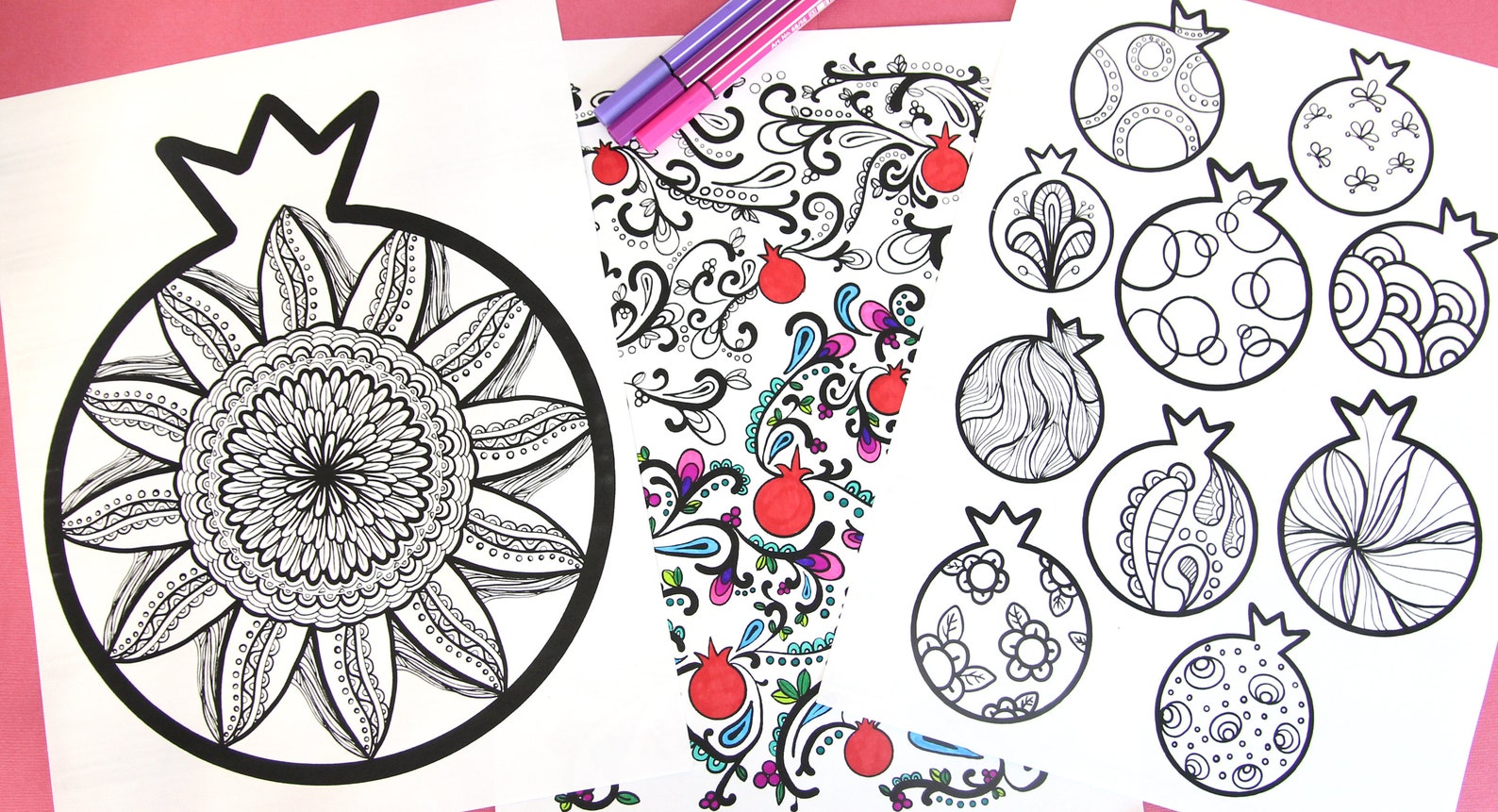 6 Pomegranate Coloring Pages for Adults | Printable Rosh Hashanah and ...