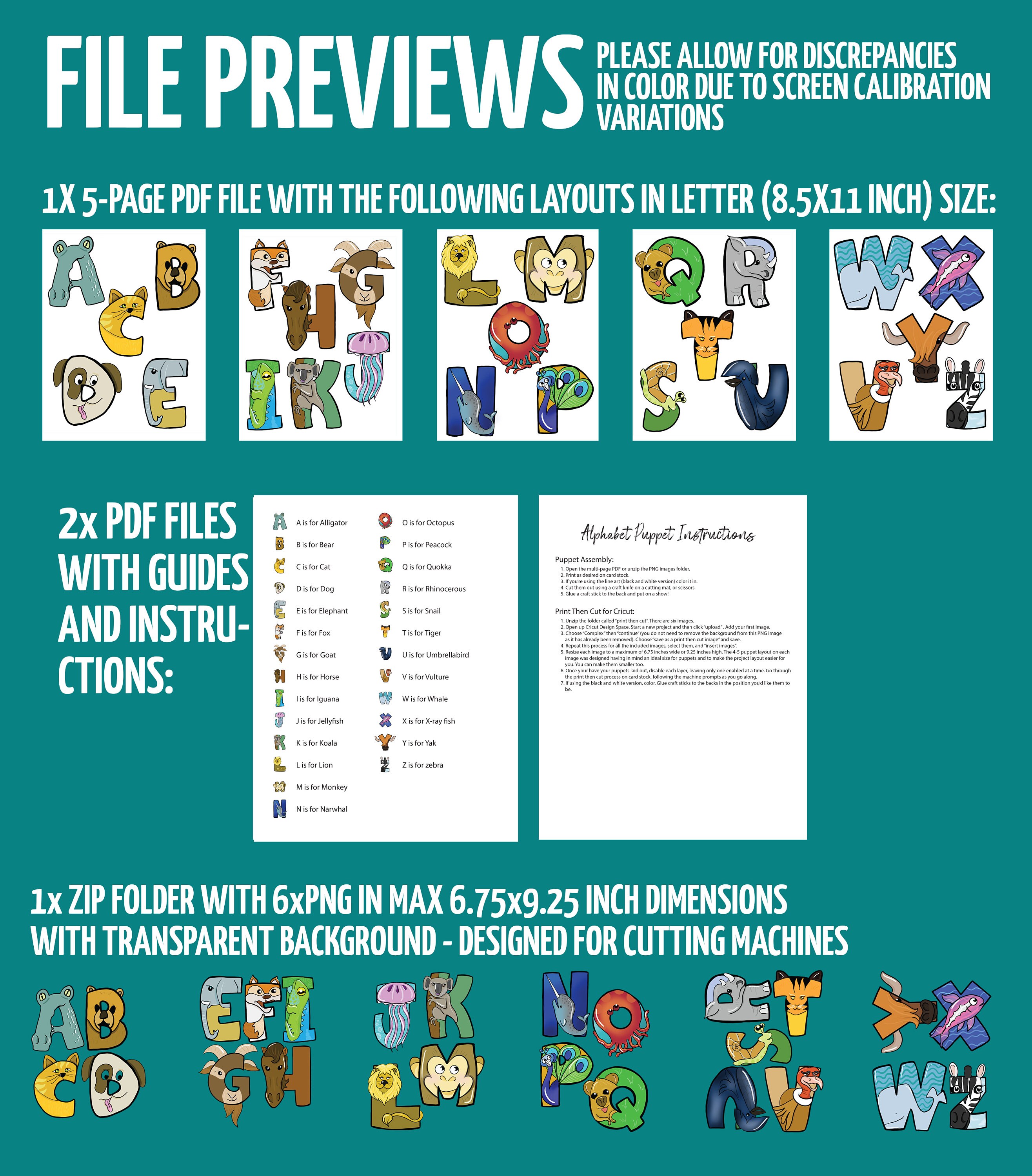 Alphabet Puppets Paper Toy Template Printable Animal ABC Animal Crafts ...