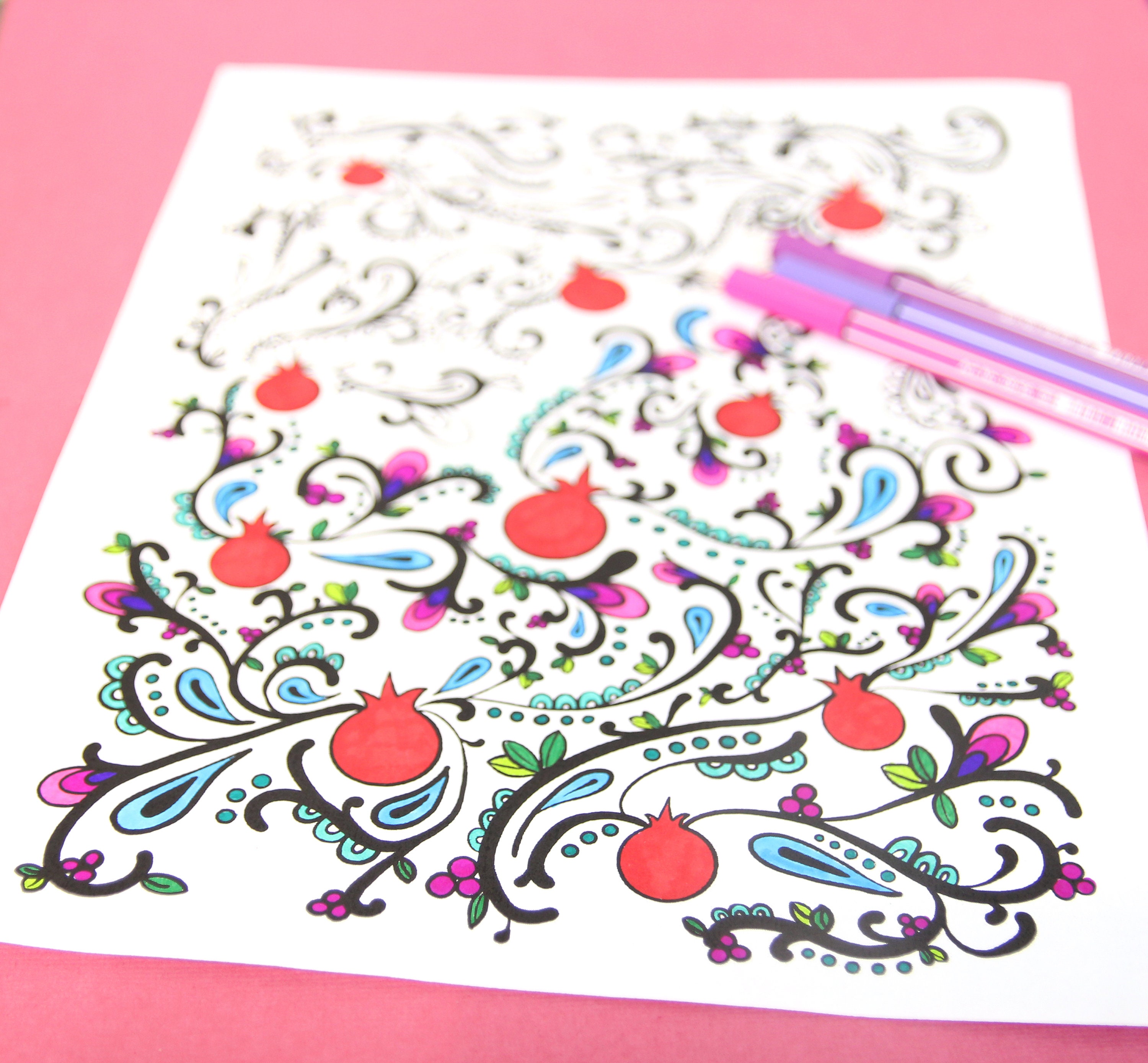 6 Pomegranate Coloring Pages for Adults Printable Rosh - Etsy