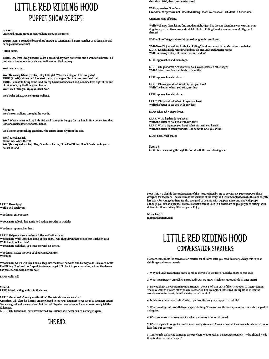 Little Red Riding Hood Puppets FULL COLOR Printable Paper Toys Puppet ...